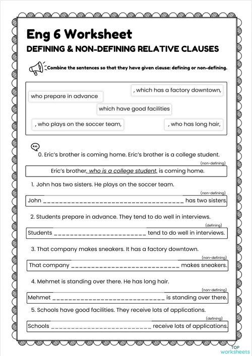 Eng6A: Defining & Non-defining Relative Clauses. Interactive worksheet | TopWorksheets