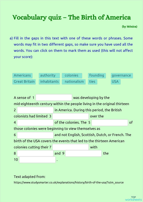 Vocabulary quiz – The Birth of America (by Mónica). Interactive ...