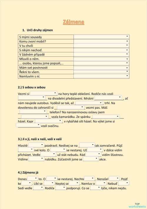 Zájmena - opakování. Interaktivní pracovní list | TopWorksheets