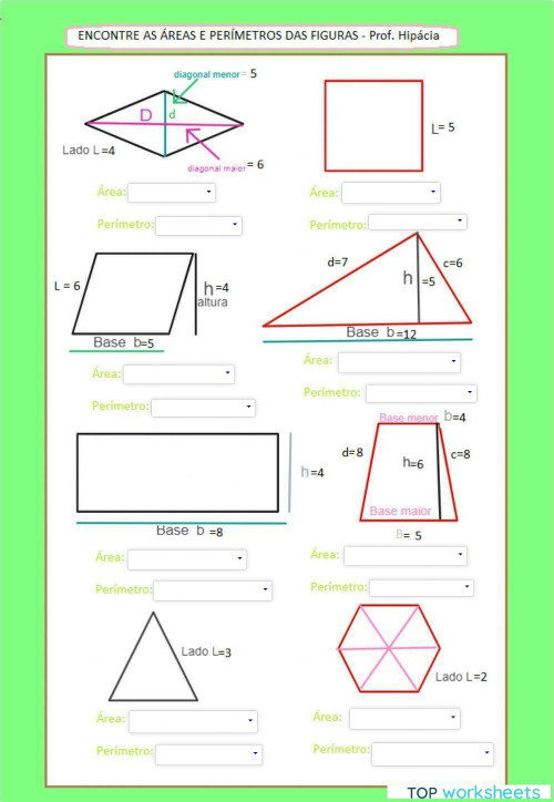 Àreas e Perímetros - Geometria plana. Ficha interativa | TopWorksheets