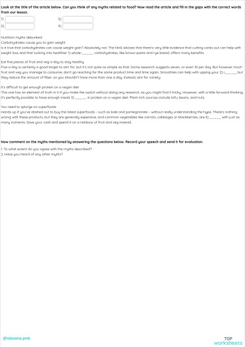 A healthy diet (HW). Interactive worksheet | TopWorksheets