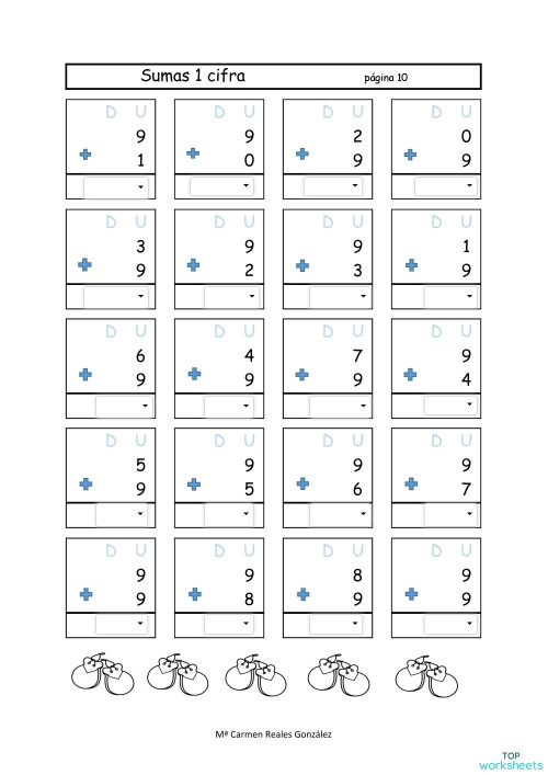 Sumas una cifra con llevadas. Ficha interactiva | TopWorksheets