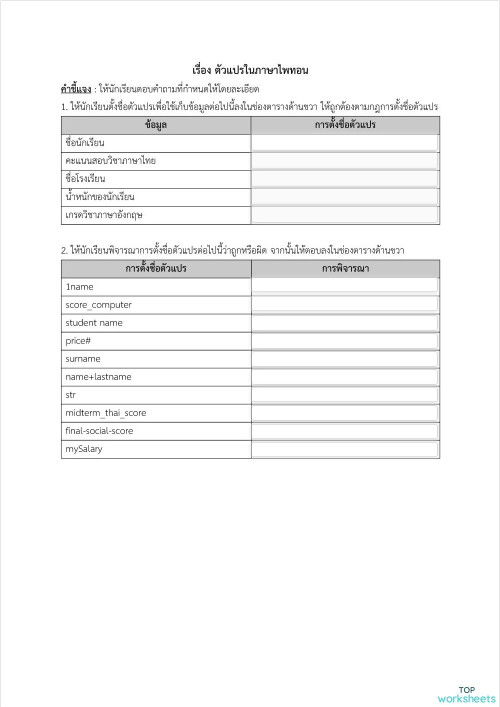 ใบงาน2 2 ตัวแปรในภาษาไพทอน Interactive Worksheet Topworksheets
