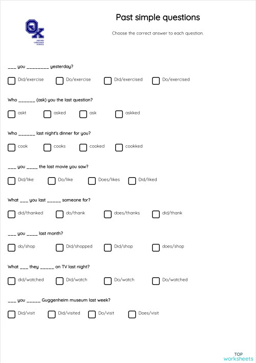 Past simple questions. Interactive worksheet | TopWorksheets