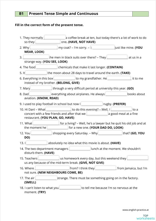 Present Tense Simple and Continuous (B1). Interactive worksheet | TopWorksheets