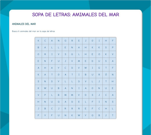 SOPA DE LETRAS: AMIMALES DEL MAR. Ficha interactiva | TopWorksheets