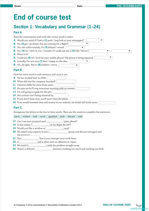 In company Pre-intermediate Final test. Interactive worksheet ...