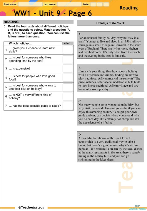 WW1 - Unit 9 - Page 6. Interactive worksheet | TopWorksheets