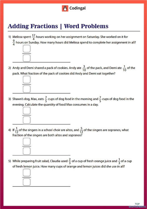 M_G04M08L28_WC02_Adding simple fractions word problems. Interactive worksheet | TopWorksheets