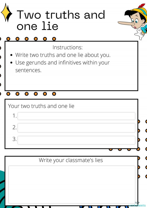 Two truths and one lie. Interactive worksheet | TopWorksheets Two truths and one lie. Interactive worksheet | TopWorksheets