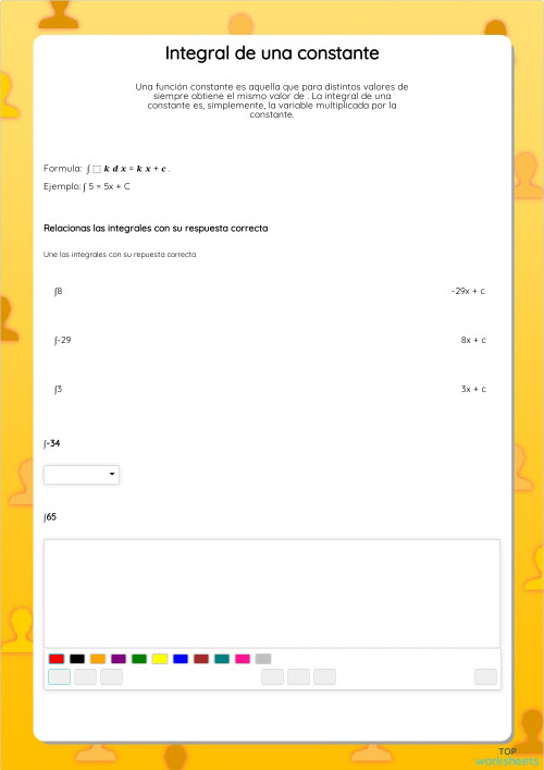 Integral de una constante. Ficha interactiva | TopWorksheets