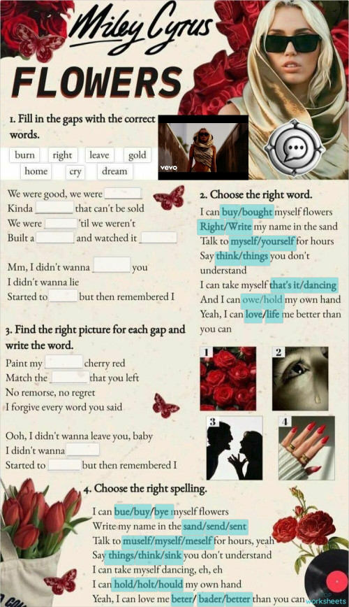Flowers - Miley Cyrus. Interactive worksheet | TopWorksheets