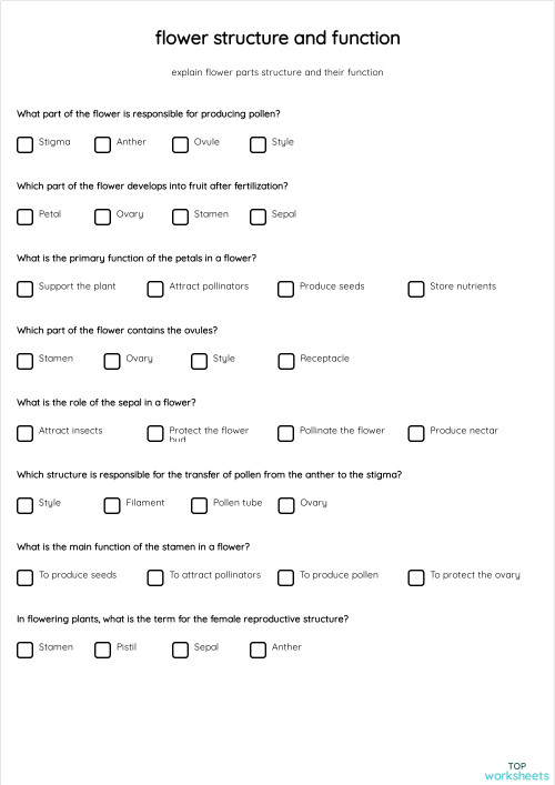 flower structure and function. Interactive worksheet | TopWorksheets