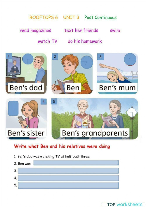 ROOFTOPS 6 UNIT 3 Past Continuous (Ben's relatives). Interactive worksheet | TopWorksheets