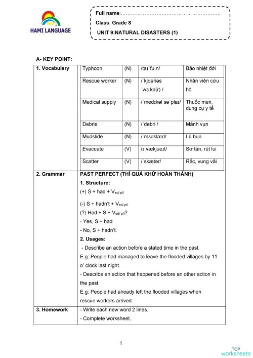 G8- Unit 9.1: Natural disasters. Bài tập tương tác | TopWorksheets