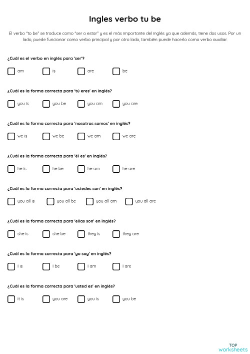 Ingles verbo tu be. Interactive worksheet | TopWorksheets