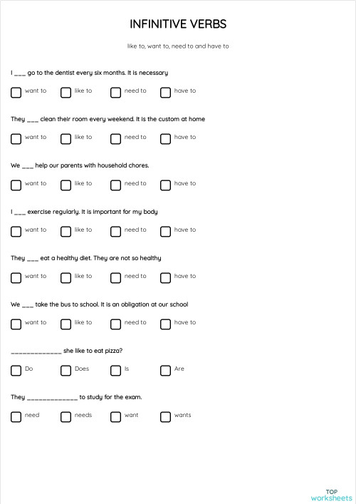 INFINITIVE VERBS. Interactive worksheet | TopWorksheets