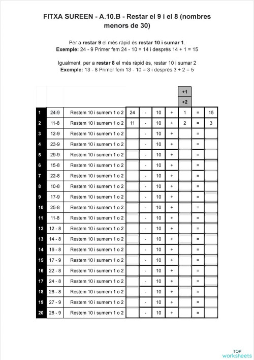 FITXA SUREEN -A.10.B- RESTAR EL 9 I EL 8 (NOMBRES MENORS DE 30). Fitxa ...