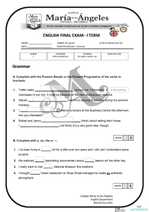 English final exam. Interactive worksheet | TopWorksheets