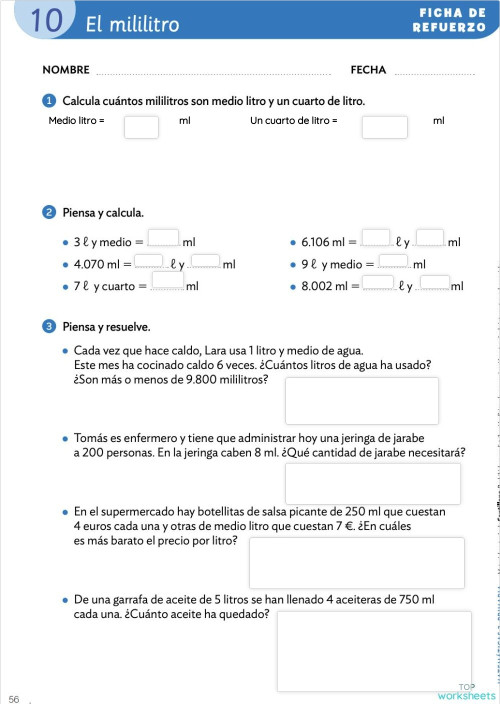 El mililitro. Ficha interactiva | TopWorksheets