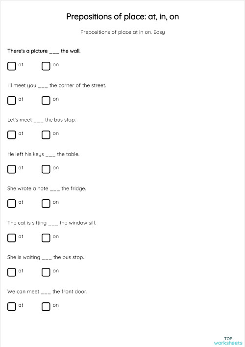 Prepositions of place: at, in, on. Interactive worksheet | TopWorksheets