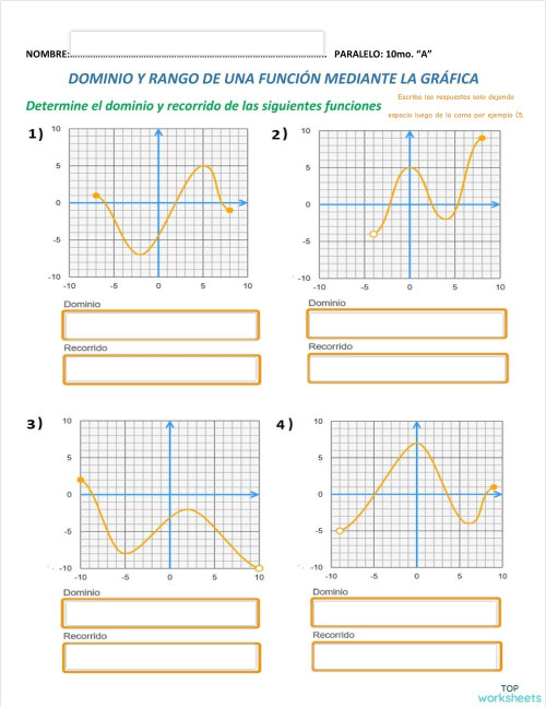 Dominio y rango de una función mediante la gráfica. Ficha interactiva | TopWorksheets
