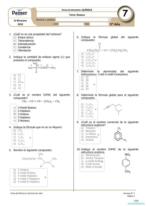 IVBIM_SEM7_FICHA_QUIM_S3. Ficha interactiva | TopWorksheets