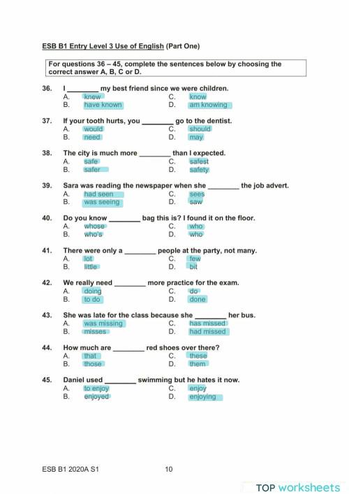 ESB B1 2020A USE OF ENGLISH. Interactive worksheet | TopWorksheets
