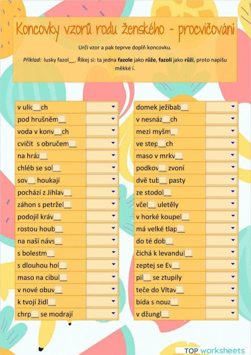 Čeština: interaktivní pracovní listy a online cvičení | TopWorksheets