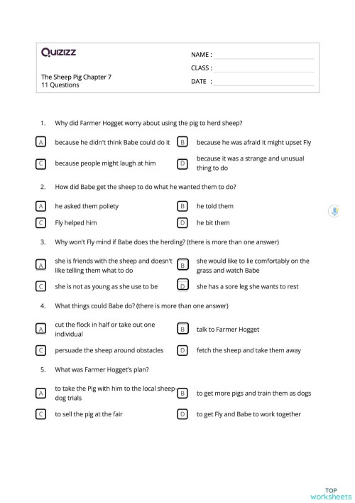 The Sheep Pig Chapter 7. Interactive worksheet | TopWorksheets