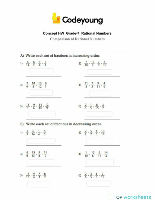 Comparison of Rational Numbers Concept HW. Interactive worksheet | TopWorksheets