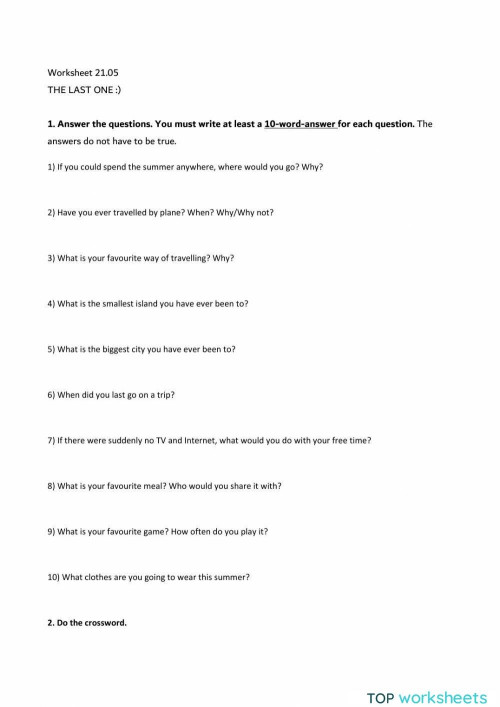 Random Questions + Vacation Crossword. Interactive worksheet ...