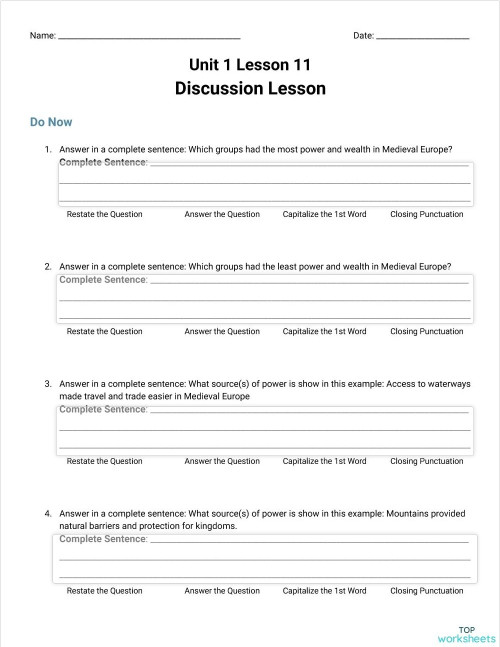 5th Grade Medieval Discussion Lesson. Interactive worksheet | TopWorksheets
