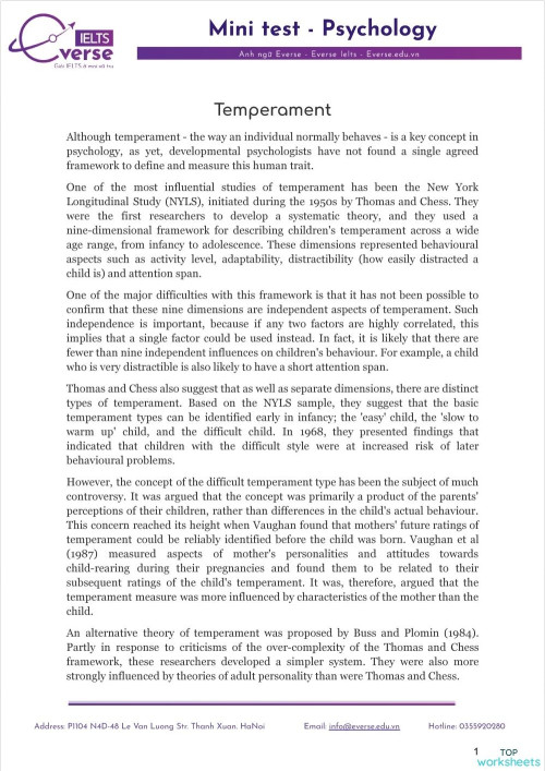 MIni test Reading [Psychology] - Temperament. Interactive worksheet ...