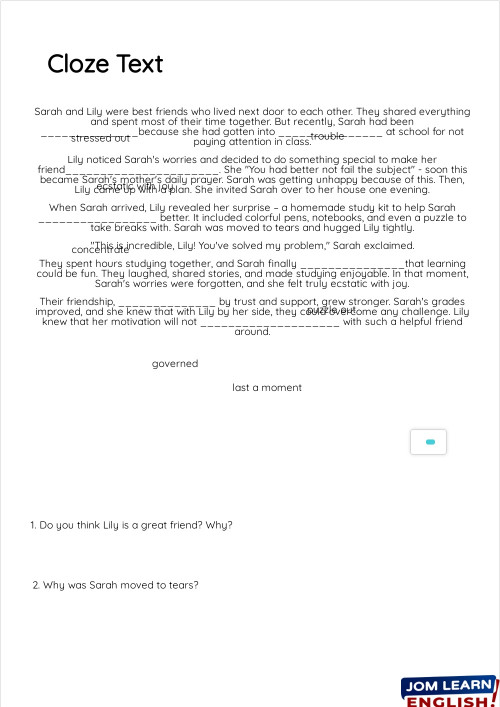 B1 - My Happiest Moment Phrases - Cloze Text (Reading). Interactive ...