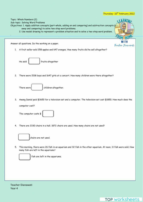 SOLVING WORD PROBLEMS - PART 1-YEAR 4. Interactive worksheet ...