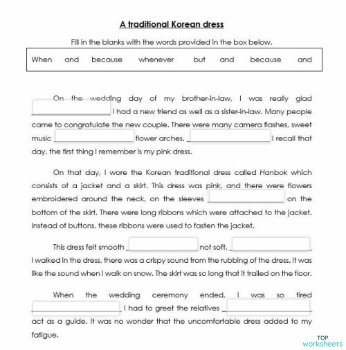 A traditional Korean dress cloze. Interactive worksheet | TopWorksheets