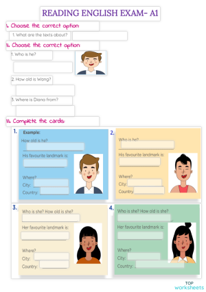 READING ENGLISH EXAM- A1. Ficha interactiva | TopWorksheets