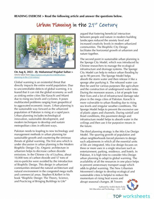 Reading Ex. - Urban Planning. Interactive worksheet | TopWorksheets