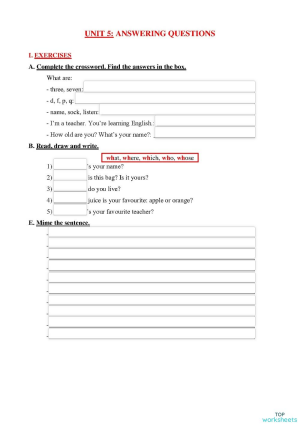 Unit 5: Answering questions. Interactive worksheet | TopWorksheets