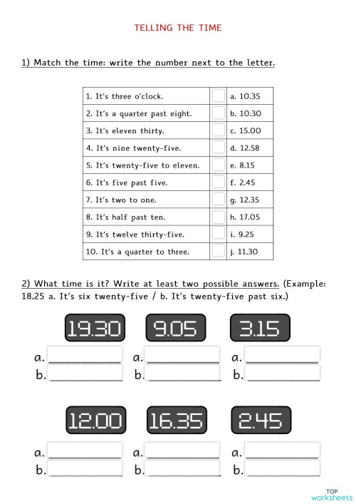 Telling the time. Interactive worksheet | TopWorksheets