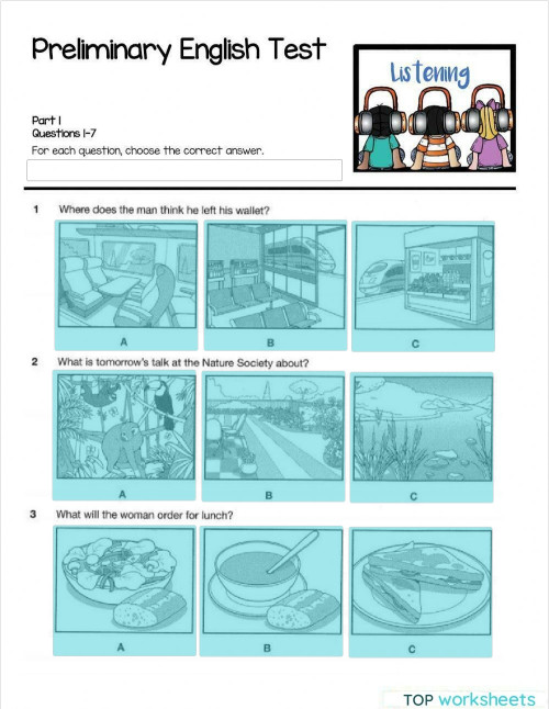 PET Listening Test 2020. Interactive worksheet | TopWorksheets