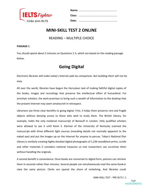 Mini Test 4 Reading Bﾃ I T蘯ｭp Tﾆｰﾆ Ng Tﾃ C Topworksheets