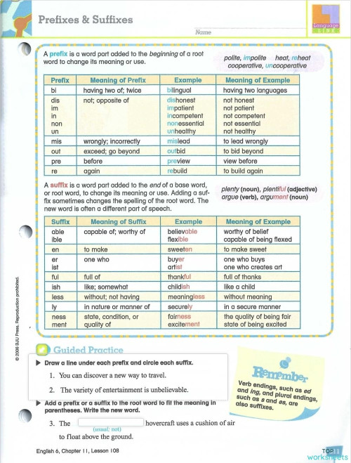 Lesson 108: Prefix and Suffix Pg 211. Interactive worksheet | TopWorksheets