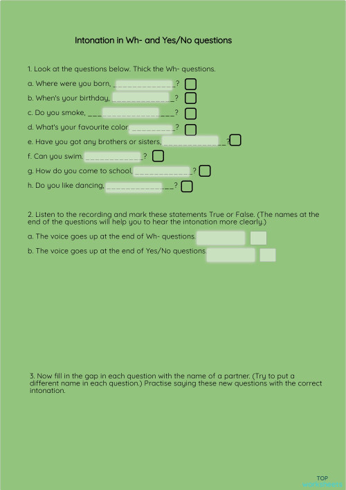 Intonation in Wh. and Yes/No questions. Interactive worksheet ...