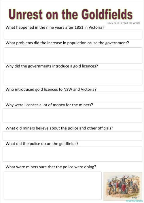 Unrest on the Goldfields. Interactive worksheet | TopWorksheets