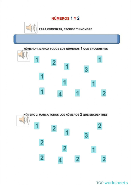NÚMEROS 1 Y 2. Ficha interactiva | TopWorksheets