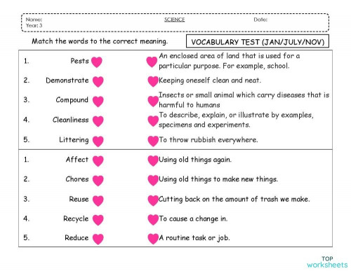 SCIENCE VOCAB TEST YEAR 3. Interactive worksheet | TopWorksheets
