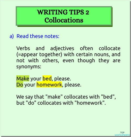 Writing tips 2 - Collocations. Interactive worksheet | TopWorksheets
