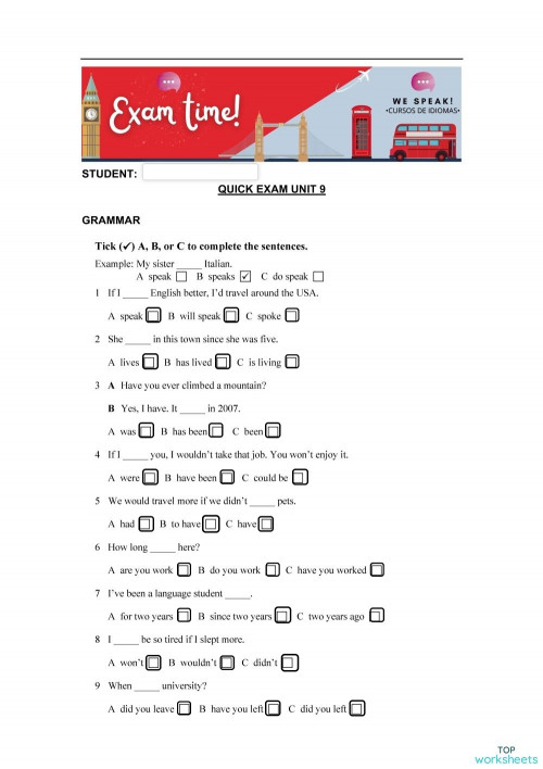 EXAM 9 PRE INTERMEDIATE PLUS. Interactive worksheet | TopWorksheets